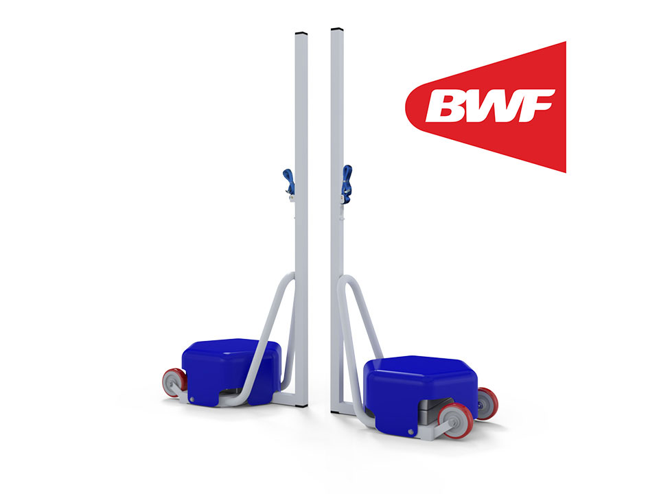 Mobile badminton posts. BWF certified. Fixed height 1.55m. With 90kg base